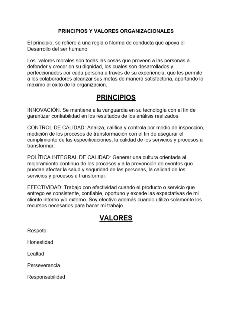 Principios y Valores Organizacionales | PDF | Calidad (comercial) | Business