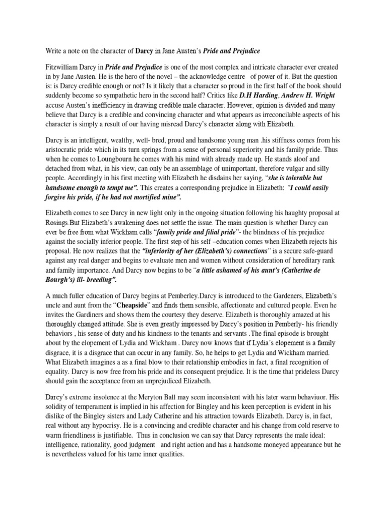 Write A Note On The Character of Darcy in Jane Austen | PDF | Mr. Darcy ...