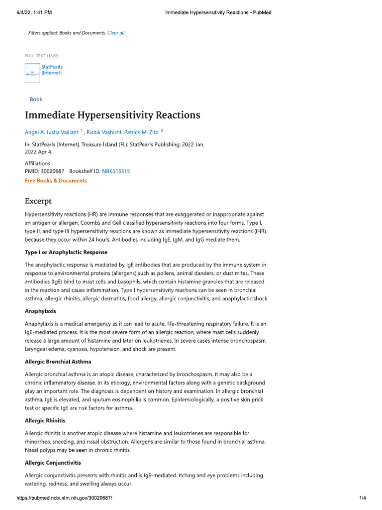 Immediate Hypersensitivity Reactions | PDF
