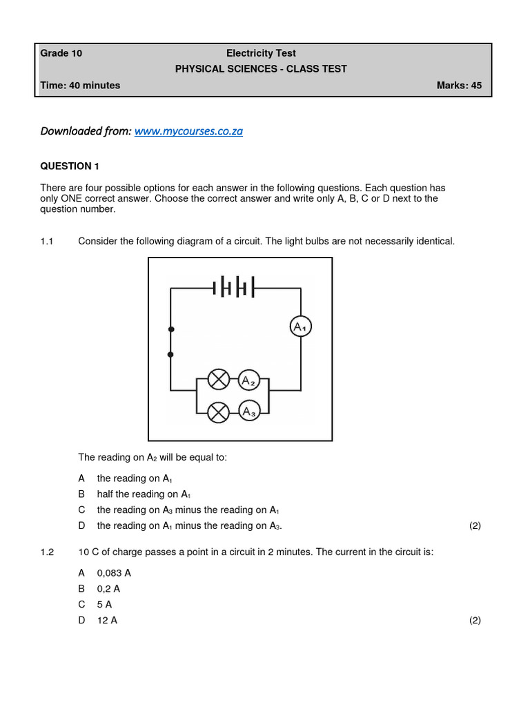 Grade 10 Electricity Test Questions | PDF | Voltage | Electricity