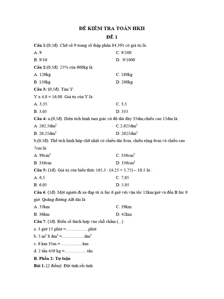 Đề Kiểm Tra Toán Cuối Hkii | PDF