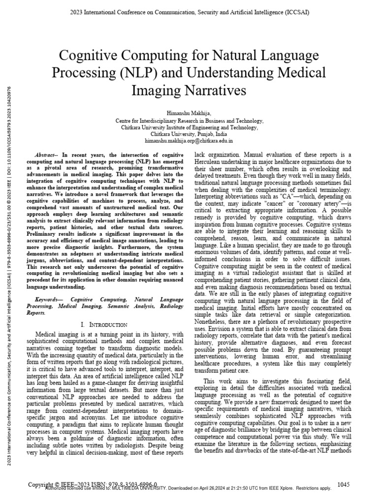 Cognitive Computing For Natural Language Processing NLP and Understanding Medical Imaging ...