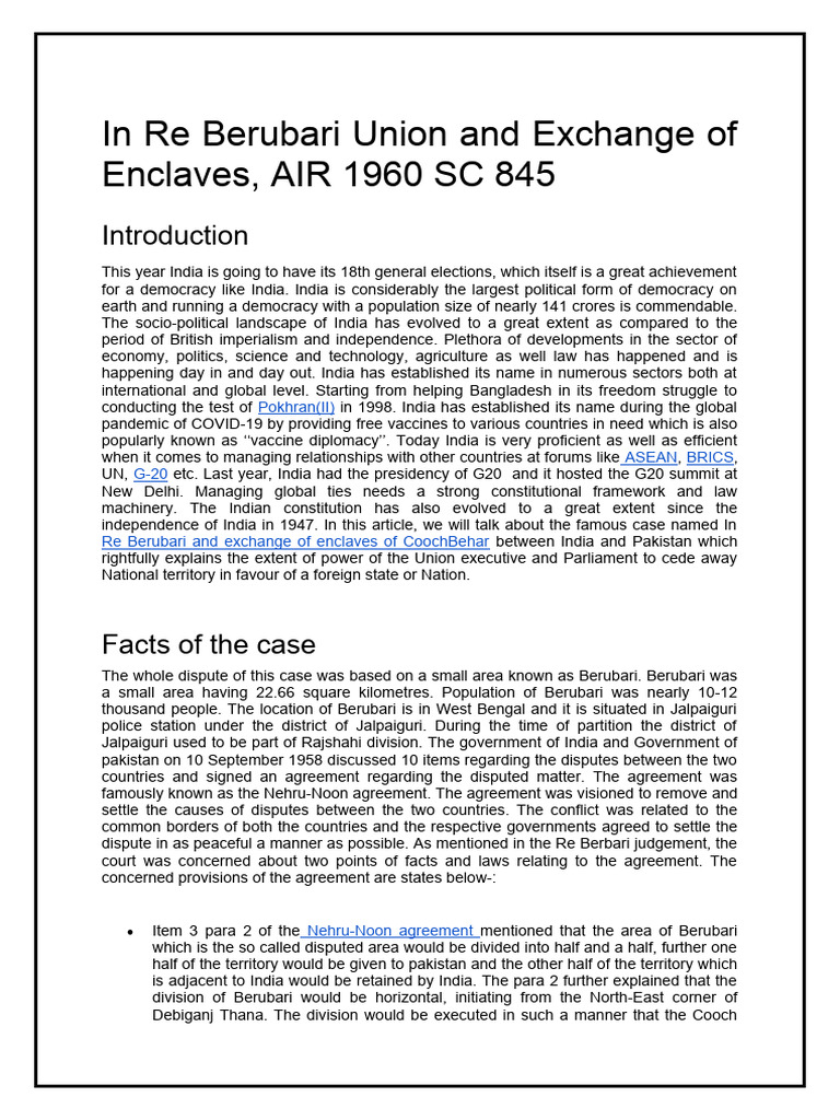 In Re Berubari Union and Exchange of Enclaves | PDF | Government Of ...