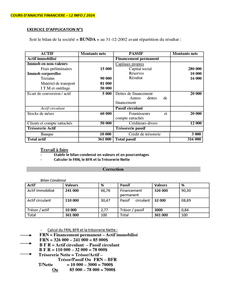 TD-Exercices-Analyse-Financiere-L2 INFO 2024 | PDF | Fonds de roulement | Bilan comptable