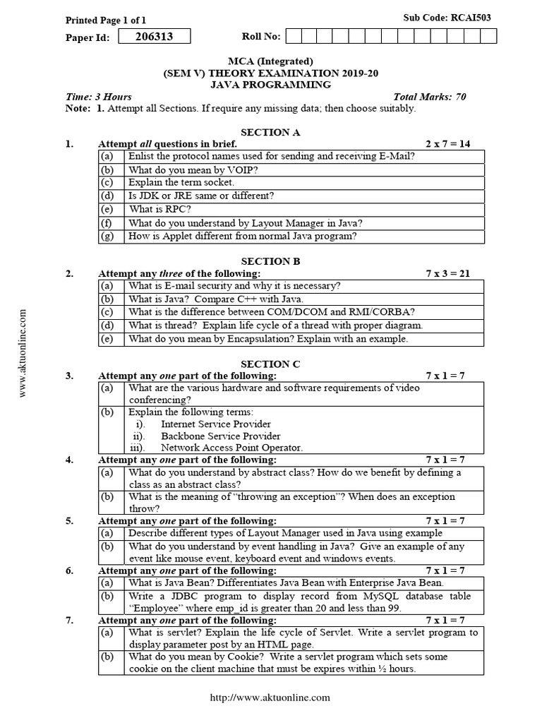 Mca 5 Sem Java Programming Rcai503 2020 | PDF | Java (Programming Language) | Java (Software ...