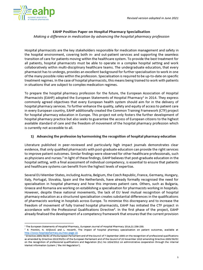 Eahp Position Paper On Hospital Pharmacy Specialisation | PDF | Pharmacy | Pharmacist