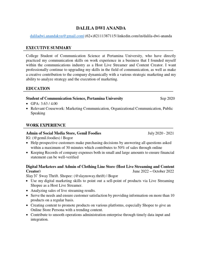 CV Dalila Dwi Ananda | PDF | Marketing | Streaming Media