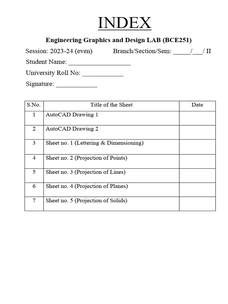 Engineering Graphics Lab Index 2023-24 | PDF