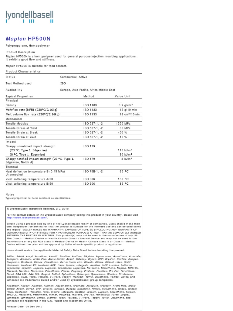 Basell Moplen HP500N (MI 12) | PDF | Yield (Engineering) | Strength Of ...