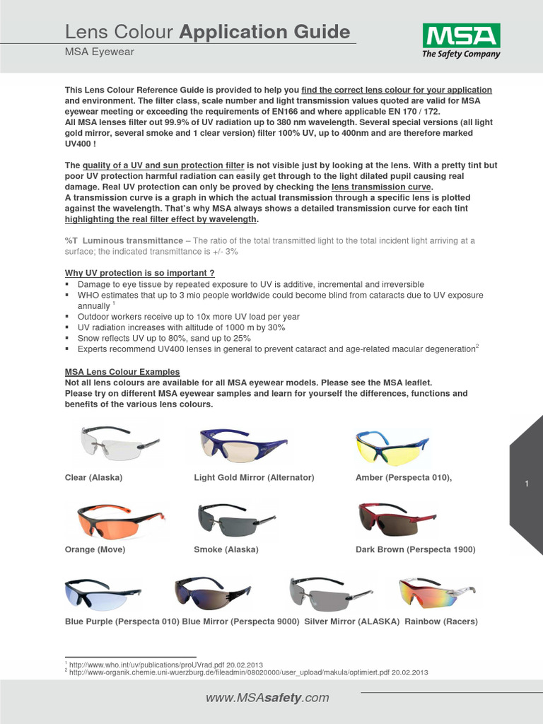 MSA Lens Colour Application Guide | PDF | Ultraviolet | Optical Filter