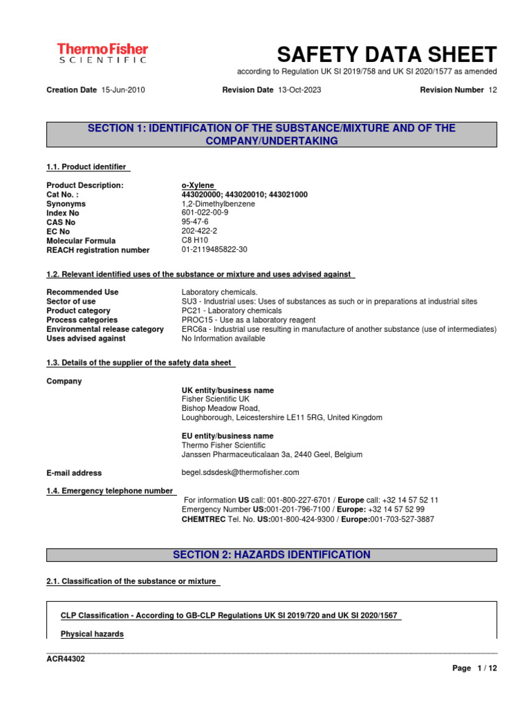 MSDS o Xylene（邻二甲苯） | PDF | Toxicity | Personal Protective Equipment