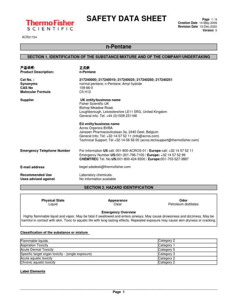 MSDS n Pentane（正戊烷） | PDF | Personal Protective Equipment | Toxicity