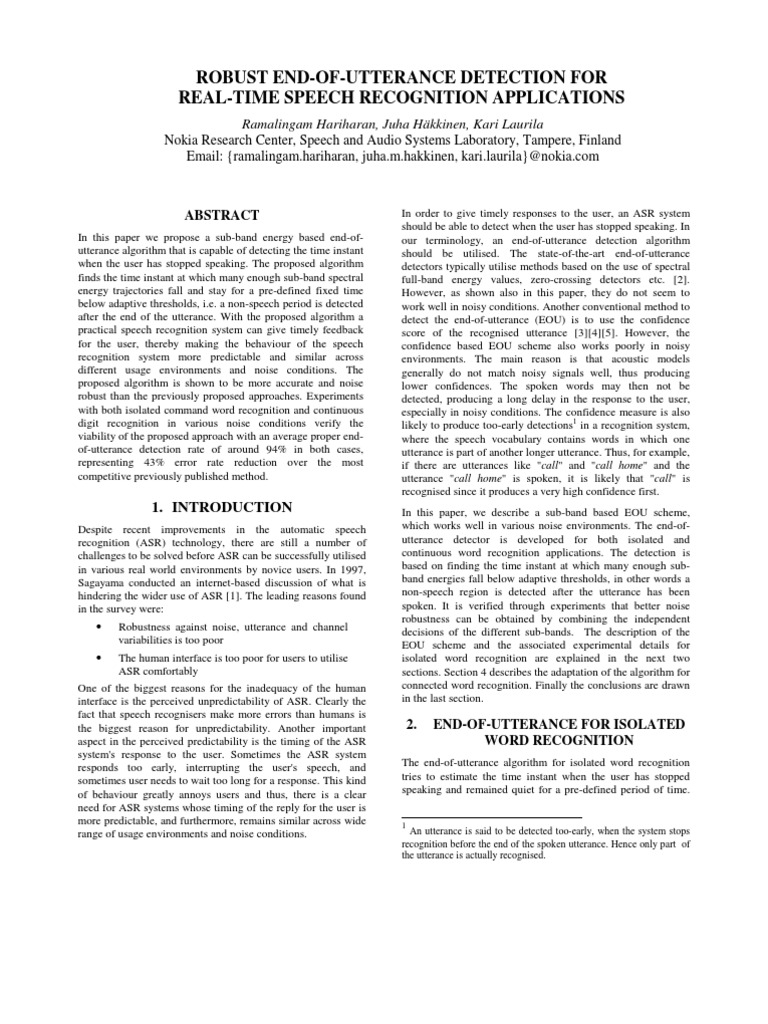 Robust End-Of-Utterance Detection For Real-Time Speech Recognition Applications | PDF | Speech ...