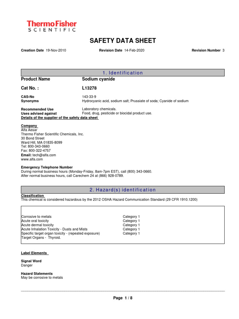 Sodium Cyanide Safety Data Sheet | PDF | Firefighting | Toxicity