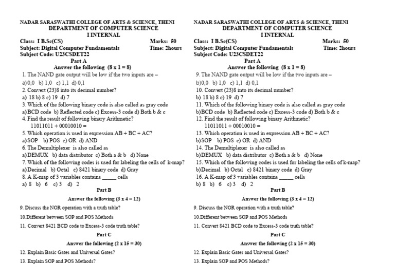 I Internal Question Paper | PDF | Binary Coded Decimal | Encodings