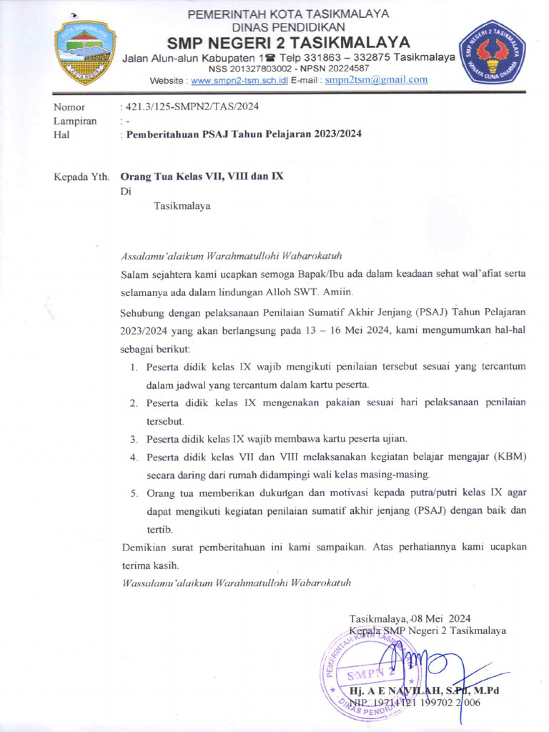 Surat Pemberitahuan PSAJ Tahun Pelajaran 2023-2024 | PDF