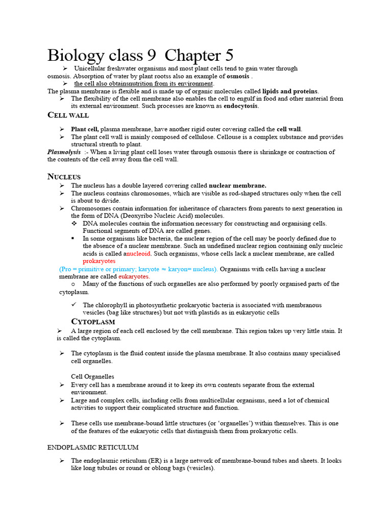 Biology Class 9 Chapter 5 | PDF | Tissue (Biology) | Endoplasmic Reticulum