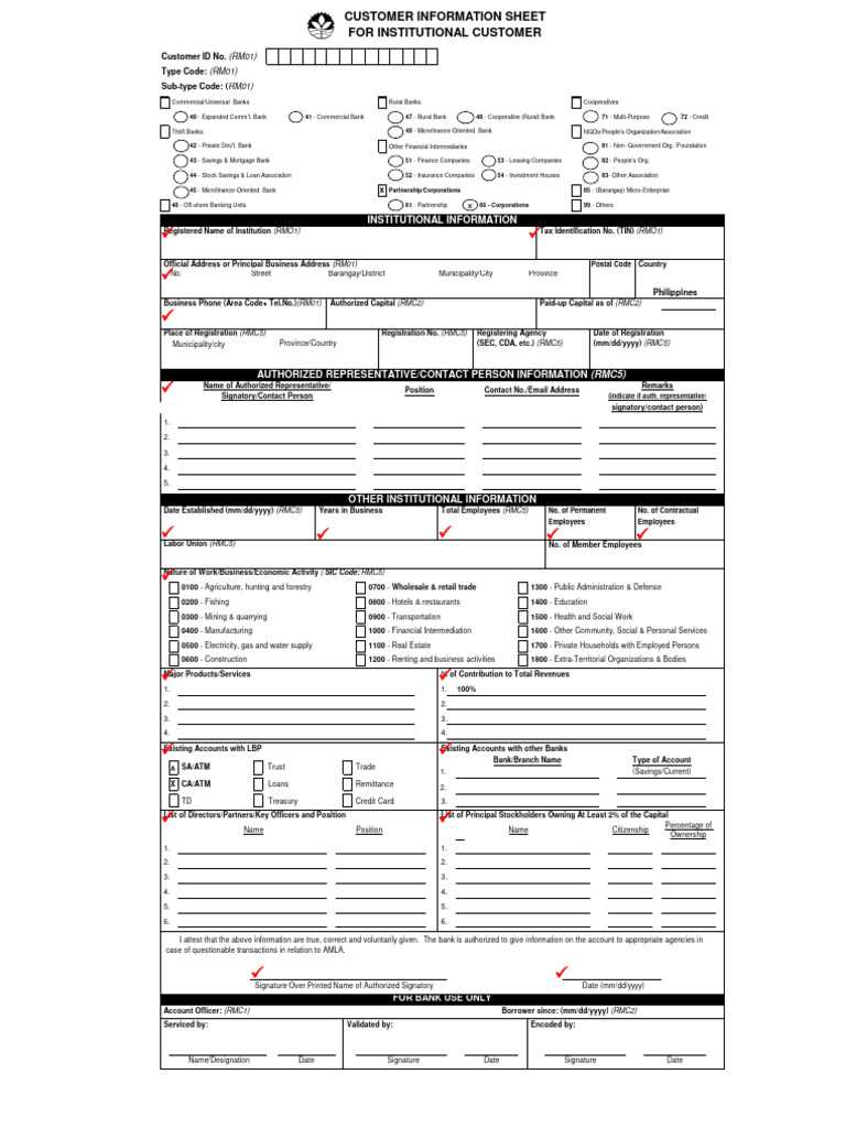 2 Customer Information Sheet-Institutional | PDF | Banks | Employment