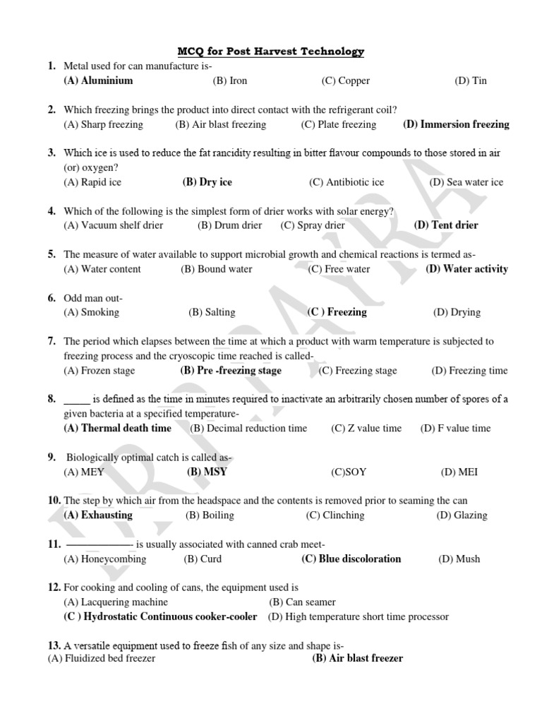MCQ For Post Harvest Technology 2 PDF Polyethylene Refrigerator