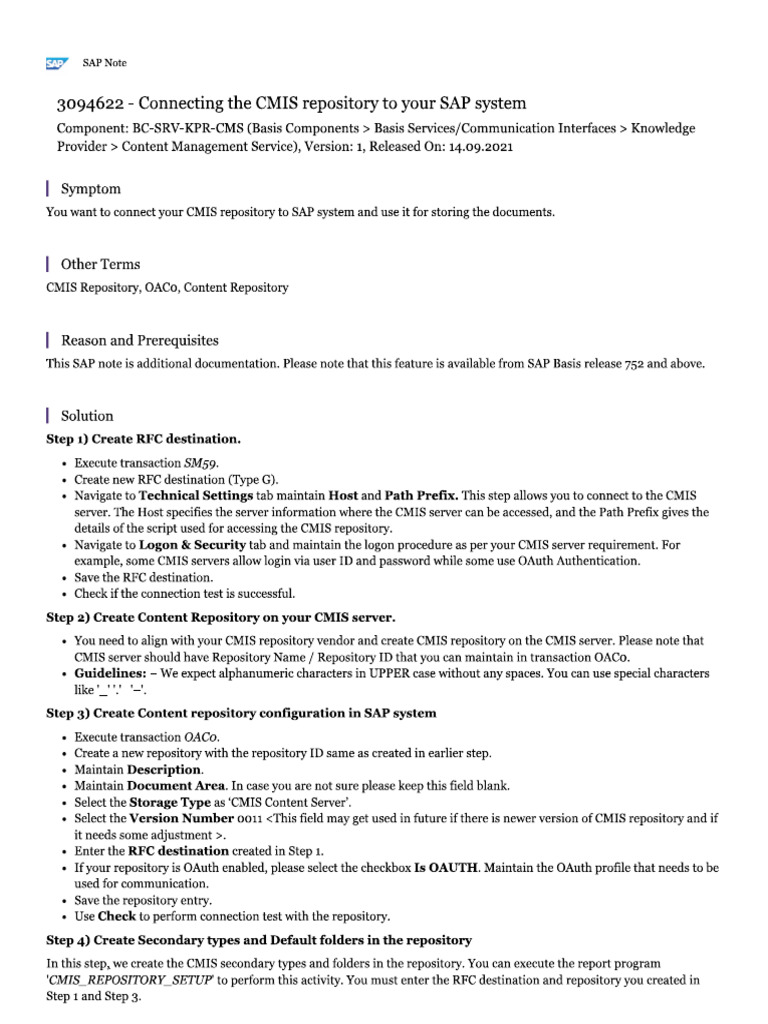 Sap Note For Cmis | PDF