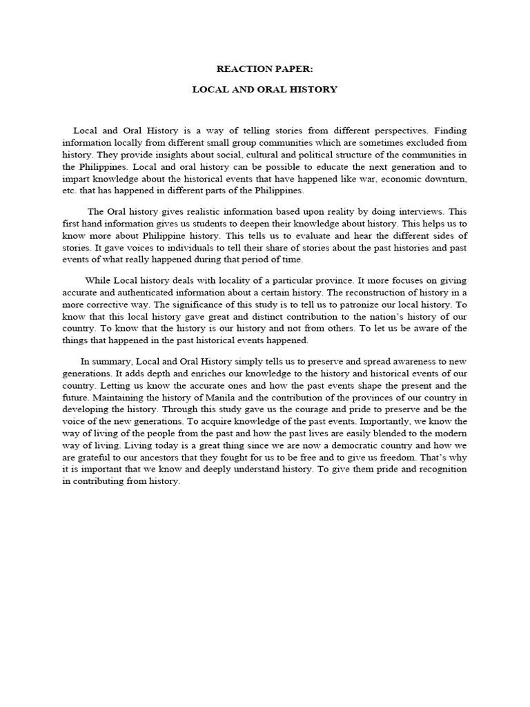 Local and Oral History Reaction Paper | PDF | Knowledge | Oral History