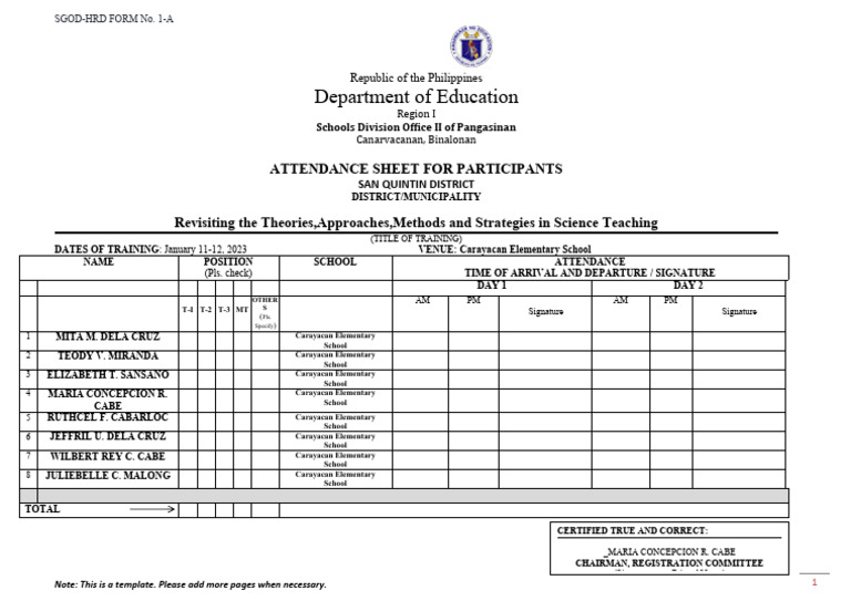1 - 2020 Deped Pang 2 HRD Form-No 1-A Training Attendance Form For ...
