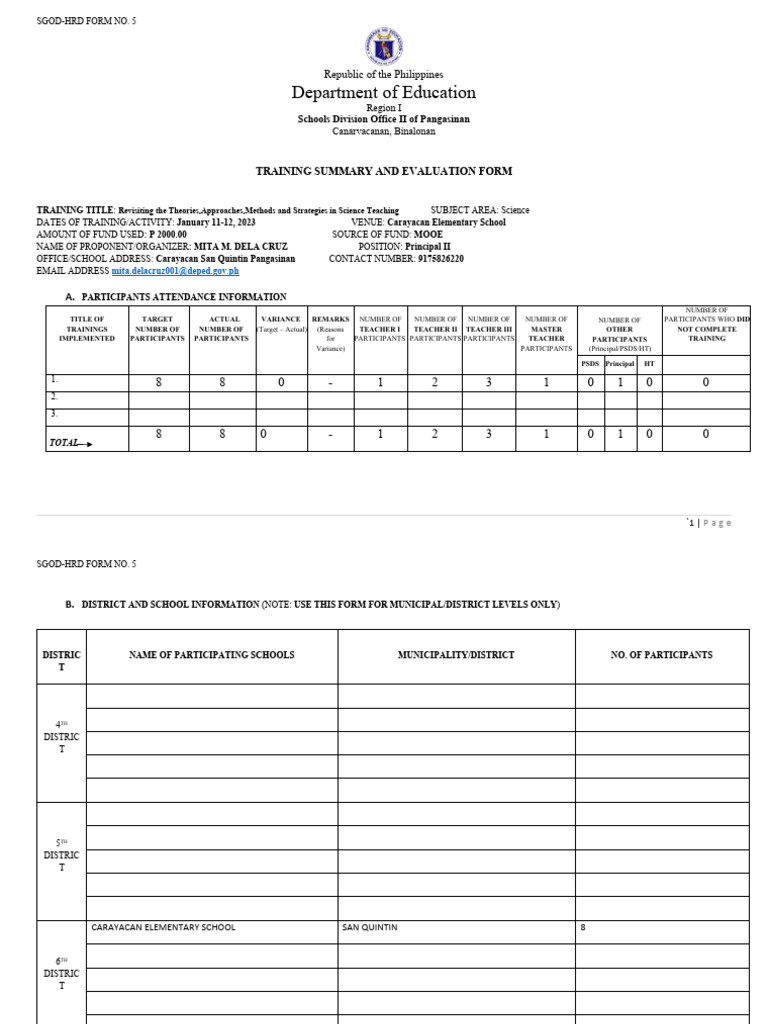 3 - 2020 HRD Form No-5 Training Summary and Evaluation Form | PDF ...