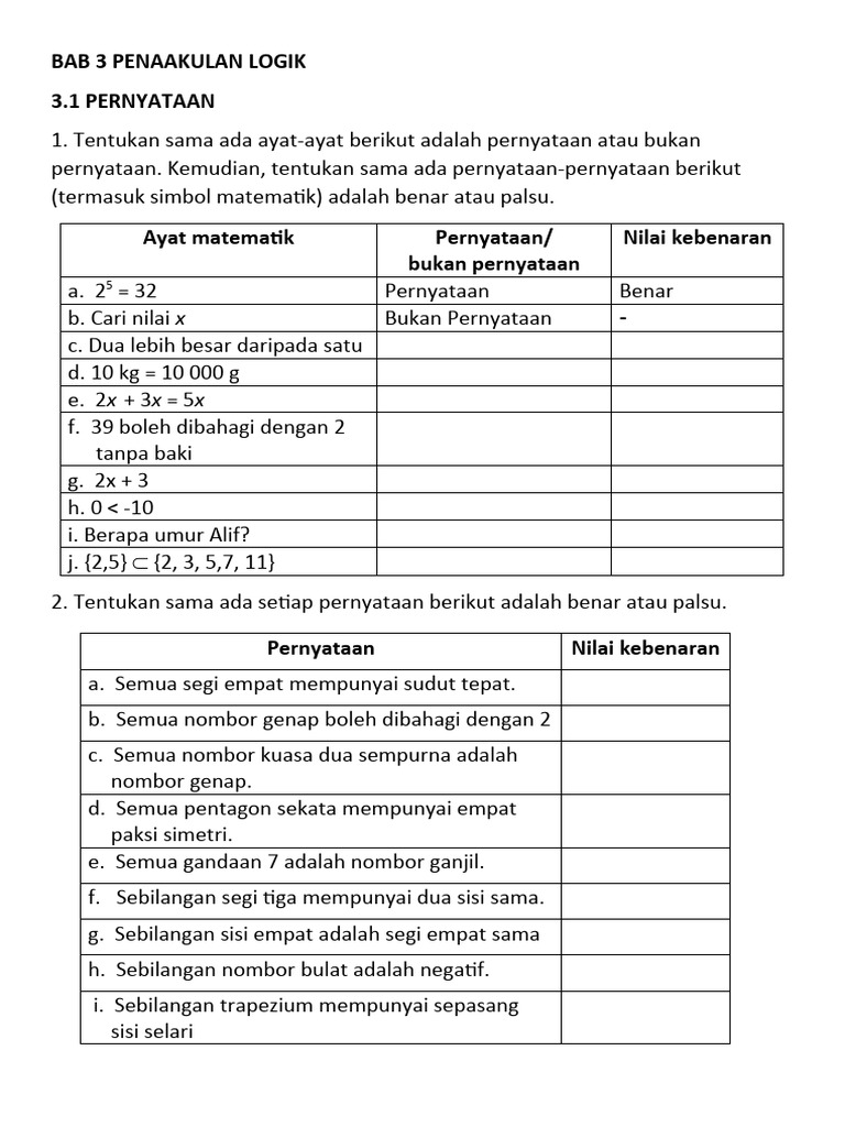 Bab 3 Penaakulan Logik Latihan | PDF