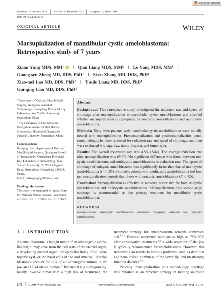 Head Neck - 2018 - Yang - Marsupialization of Mandibular Cystic ...