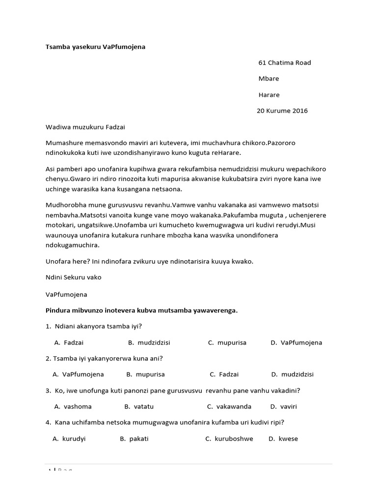 Grade 3 Shona Paper 1 End of Year 2021 | PDF