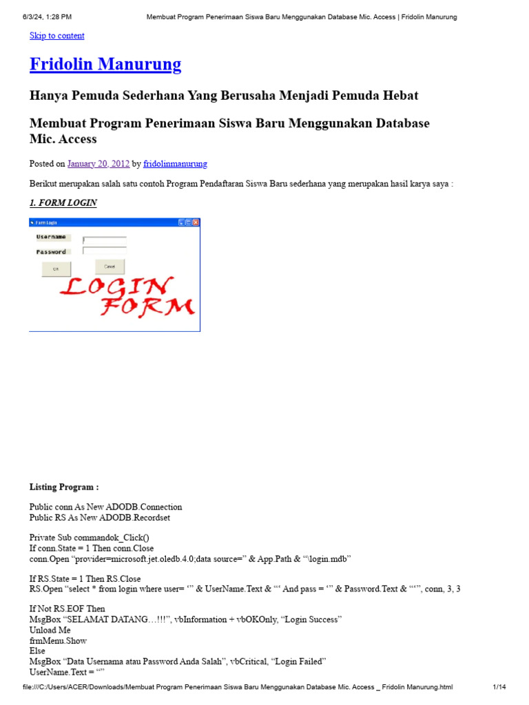 Membuat Program Penerimaan Siswa Baru Menggunakan Database Mic. Access - Fridolin Manurung | PDF ...