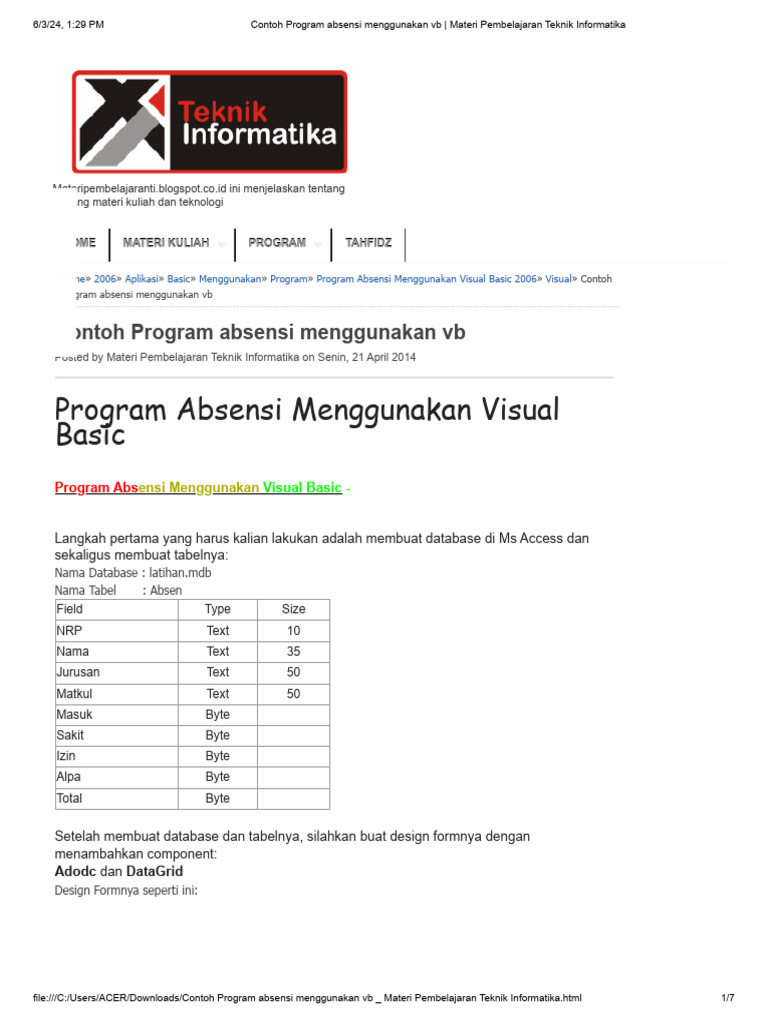 Contoh Program Absensi Menggunakan VB - Materi Pembelajaran Teknik Informatika | PDF