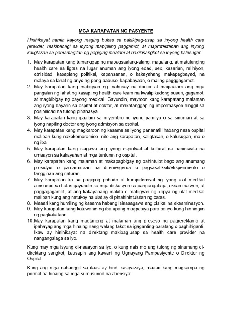 Mga Karapatan NG Pasyente | PDF