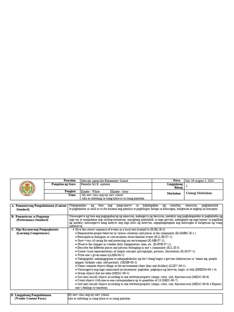 Week1 Matatag LP Exemplar | PDF
