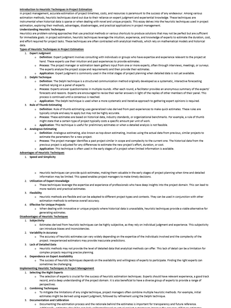 Introduction To Heuristic Techniques in Project Estimation | PDF ...