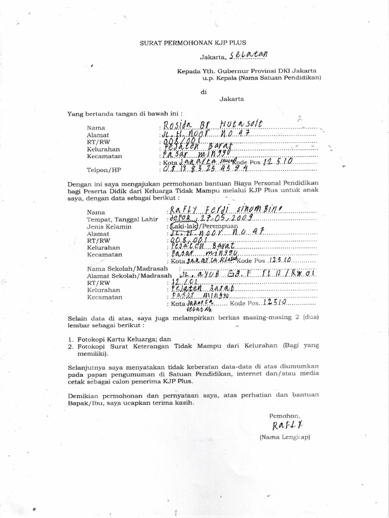 Surat Permohonan KJP-Rafly Kelas 6 | PDF