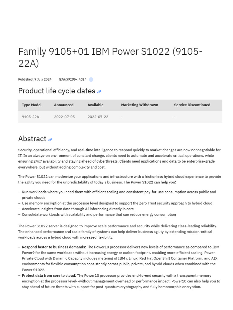 Family 9105+01 IBM Power S1022 (9105-22A) - IBM Documentation | PDF ...