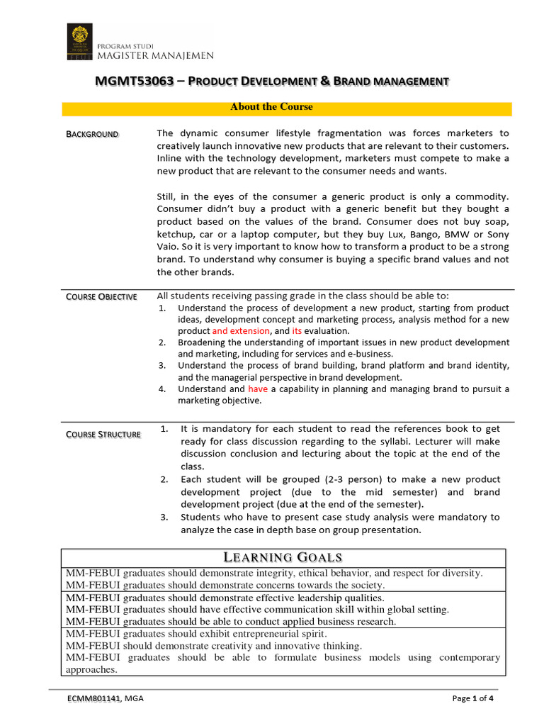 Syllabus Product Development and Brand Management (Rev. Sept. 2020 ...