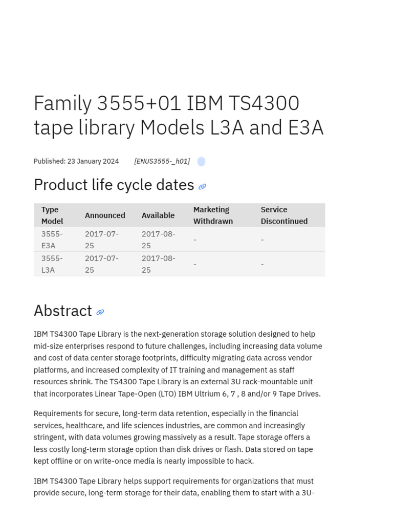 Family 3555+01 IBM TS4300 Tape Library Models L3A and E3A - IBM Documentation | PDF | Computer ...