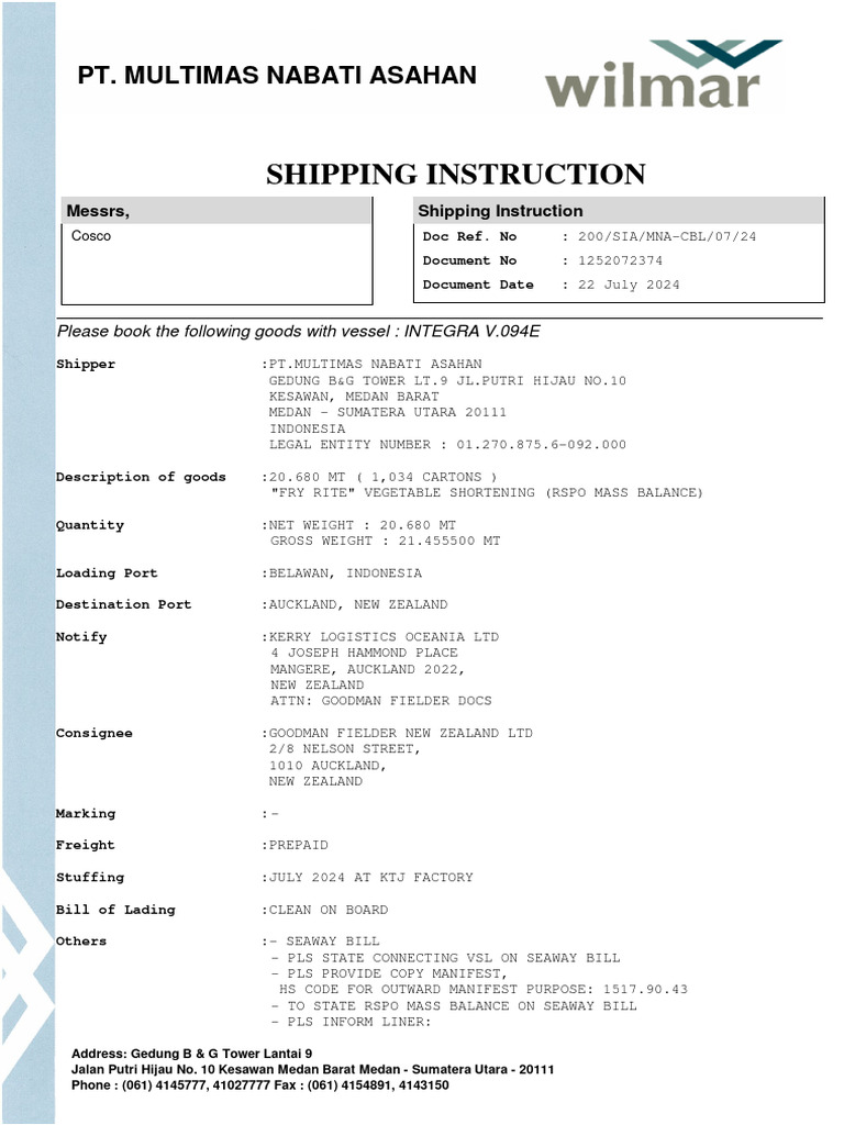 Shipping Instruction for Fry Rite Cargo | PDF | Cargo | Logistics