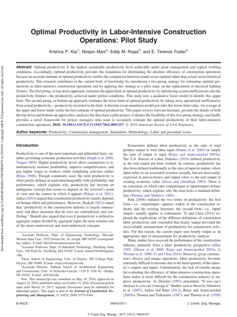 Optimal Productivity in Labor Intensive Construction | PDF | Factors Of ...