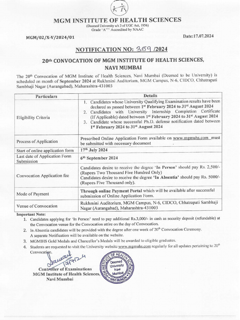 20th Convocation Notification | PDF
