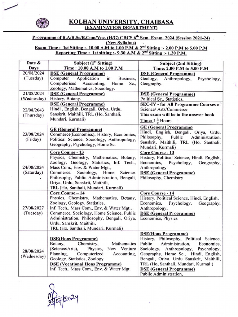 Programme of UG 6th Sem Exam 2024 | PDF