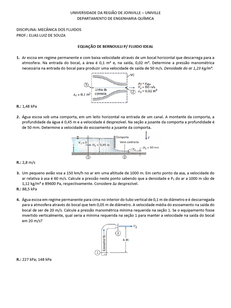 Lista-EQ. BERNOULLI-fluido Ideal | PDF | Pressão | Mecânica dos fluidos