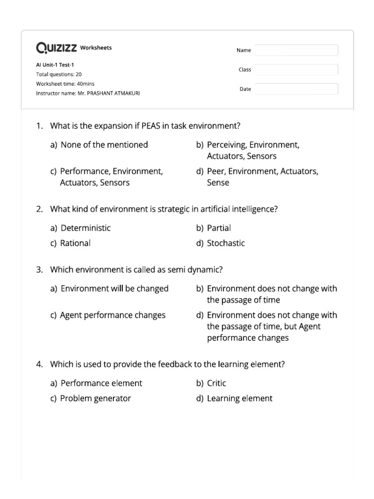 QUIZ Unit-1 Artificial Intelligence | PDF
