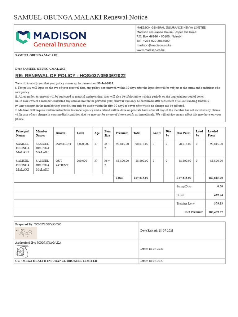 SAMUEL OBUNGA MALAKI Renewal Notice-1 | PDF | Insurance | Service ...
