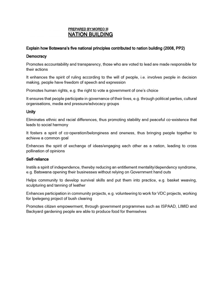 NATIONAL PRINCIPLES NATION BUILDING 2024 | PDF | Botswana | Political ...