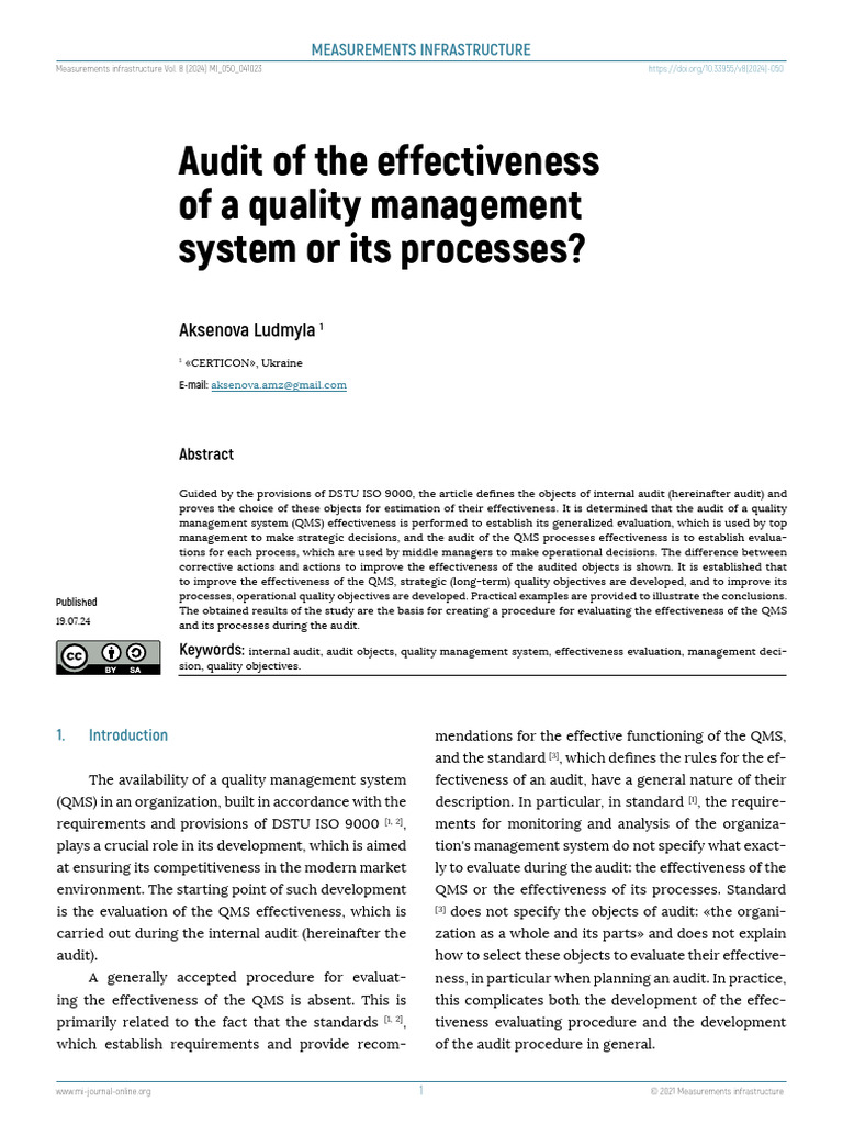 Audit of The Effectiveness of A Quality Management | PDF | Audit | Quality Management System