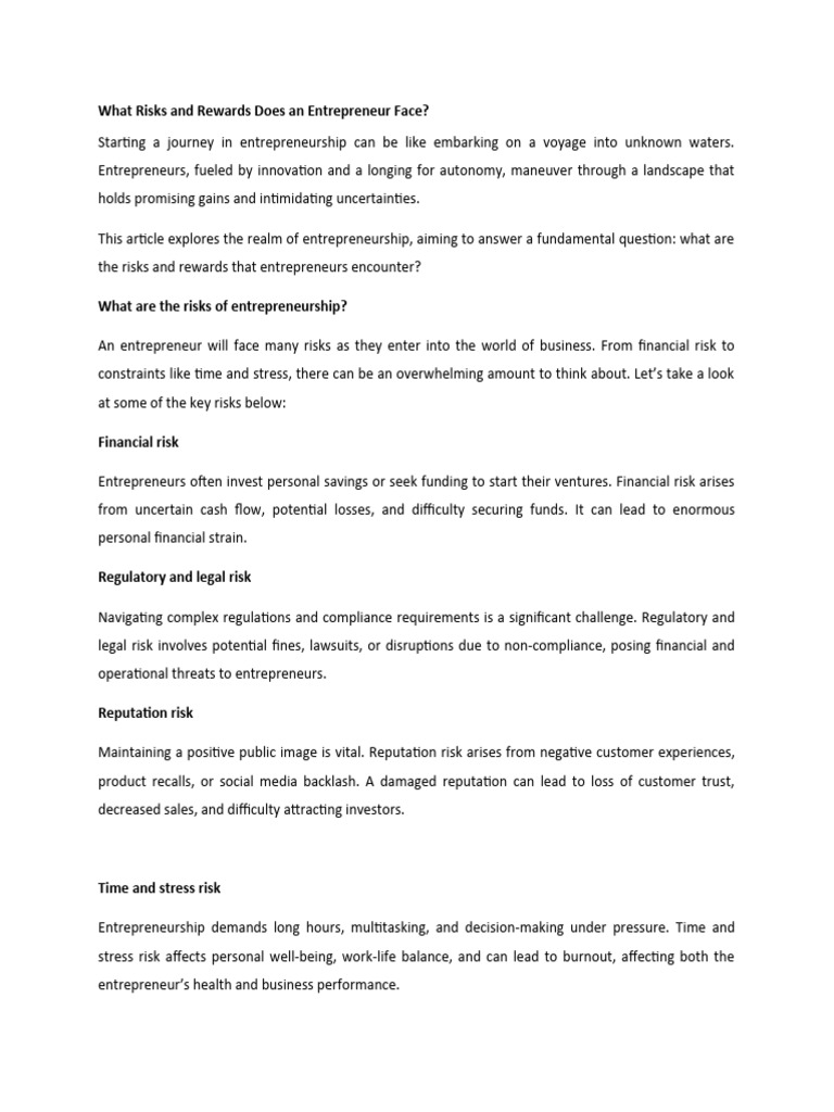 Risk and Rewards of Entrepreneurship | PDF | Entrepreneurship | Risk