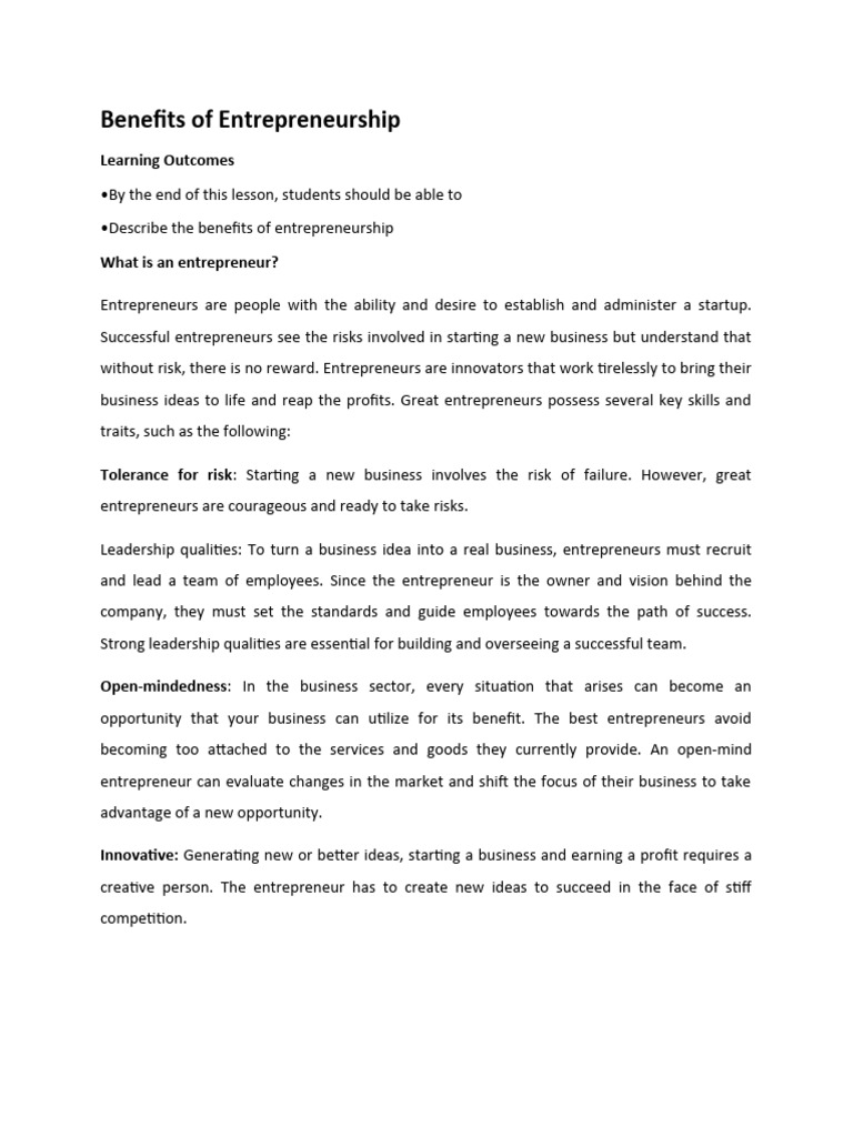 Benefits of Entrepreneurship | PDF | Entrepreneurship | Startup Company
